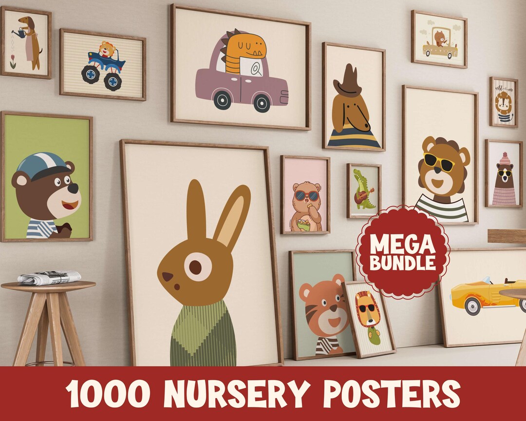Nursery Wall Art Prints Mega Bundle, Animal Kids Posters Neutral Baby ...