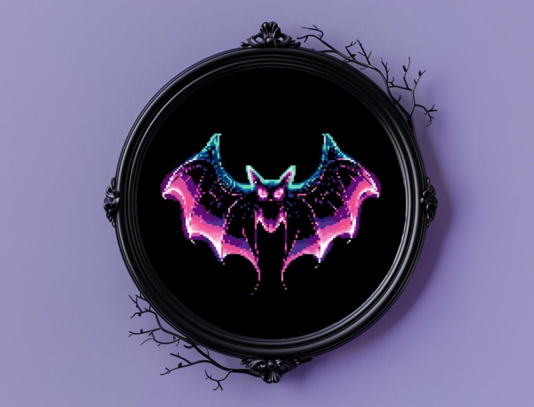 Enchanted Bat Cross Stitch Pattern: Neon Halloween Embroidery DIY ...