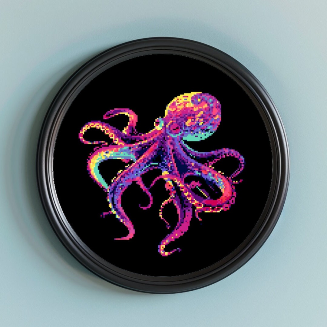 Enchanted Octopus Cross Stitch Pattern: Neon Sea Embroidery DIY ...