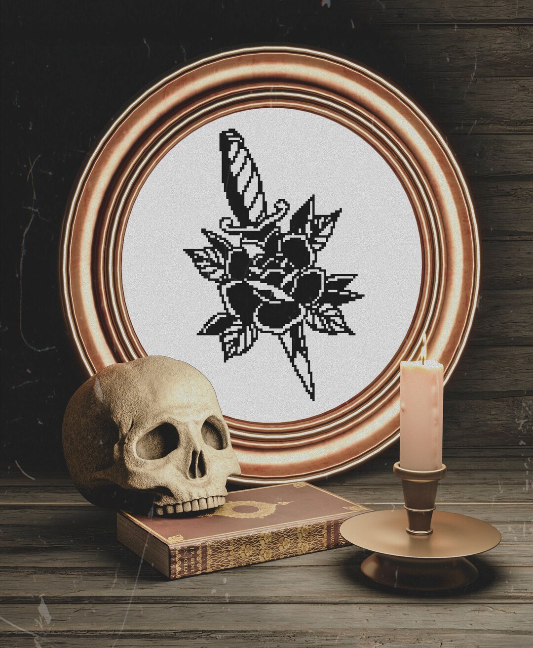 Dagger Rose Cross Stitch Pattern, Tattoo Cross Stitch Chart, Floral ...