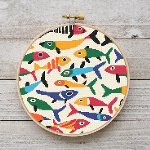 Abstract Fish Cross Stitch Pattern: Sea Embroidery DIY (digital ...