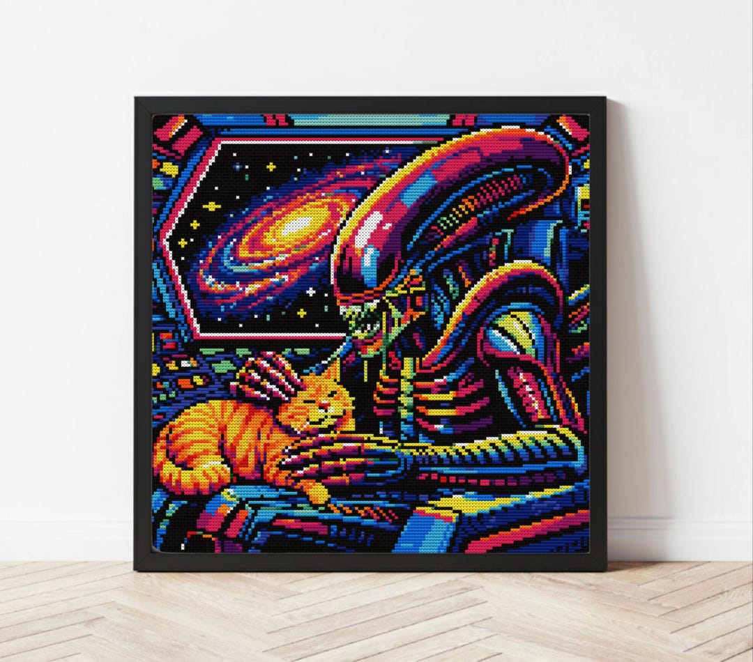 Cat and Alien Xenomorph Cross Stitch Pattern, Horror Sci-fi Embroidery ...