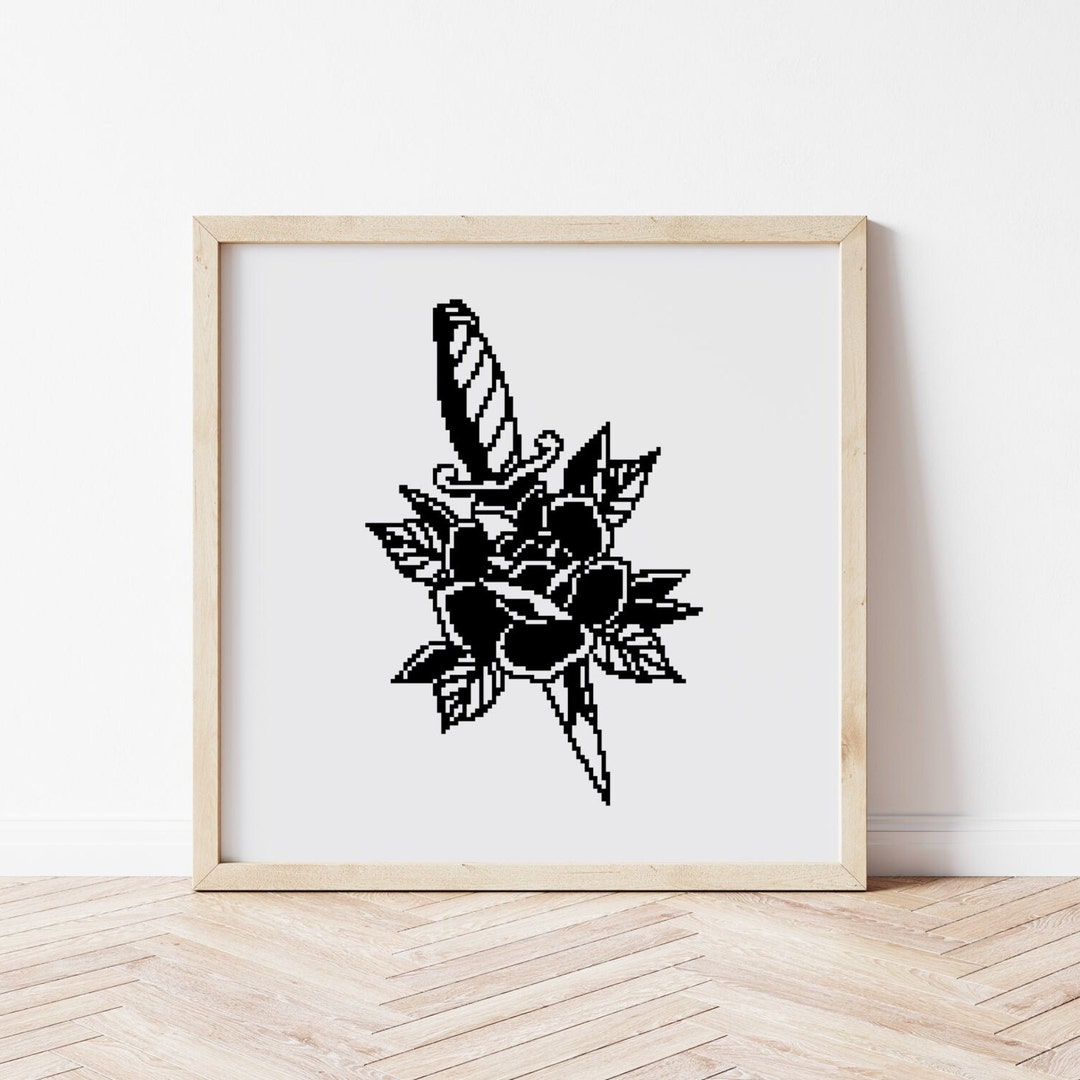 Dagger Rose Cross Stitch Pattern, Tattoo Cross Stitch Chart, Floral ...