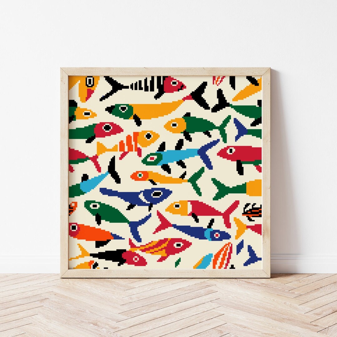 Abstract Fish Cross Stitch Pattern: Sea Sardine Embroidery DIY (digital ...