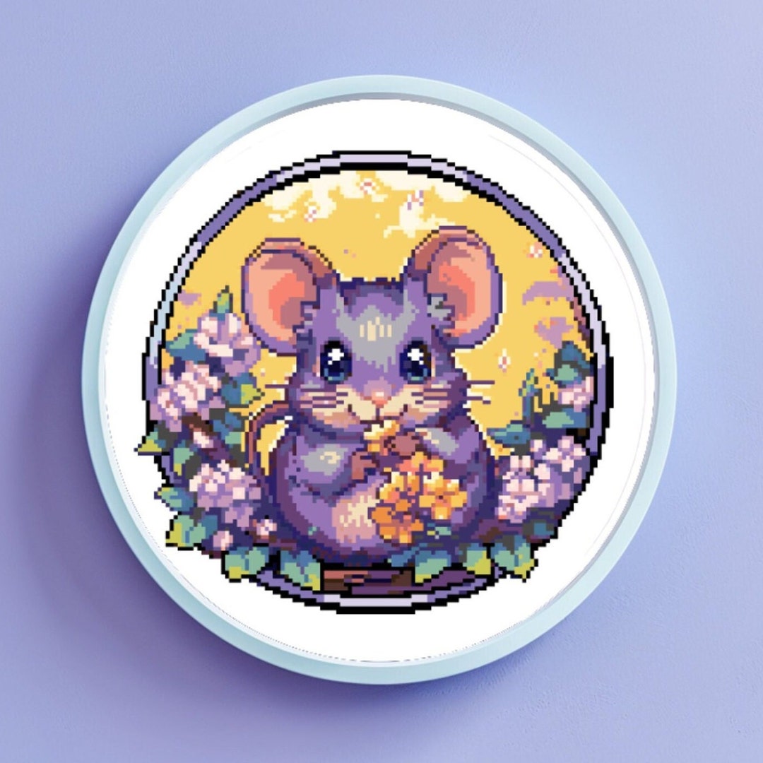 Cute Mouse Cross Stitch Pattern, Floral Cross Stitch, Kawaii Cross ...
