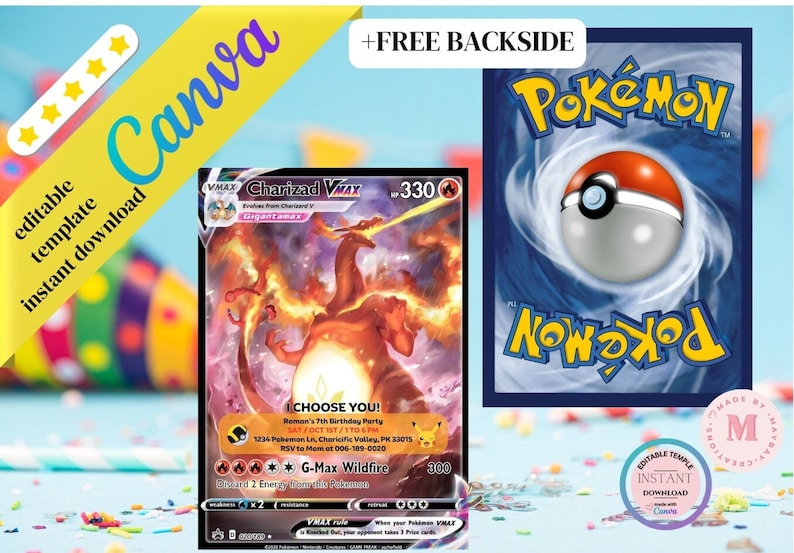 Pokemon Birthday Invitation | Charizard Vmax | Kids Birthday Invitation ...