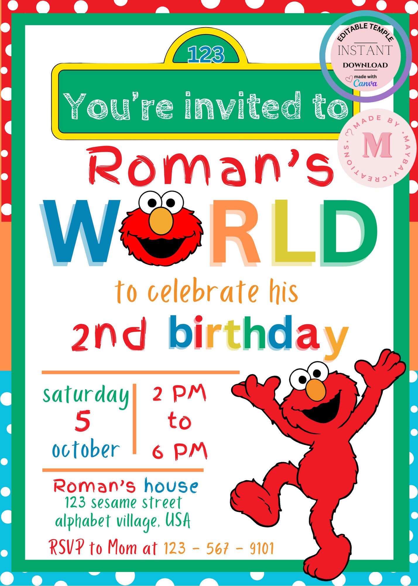 Elmo Editable Birthday Invitation Canva Editable-printable Instant ...