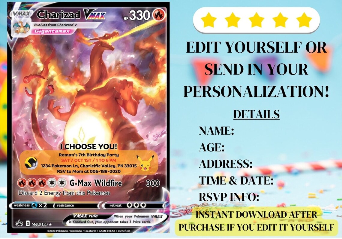 Charizard Vmax Pokemon Birthday Invitation | Editable Canva Template ...