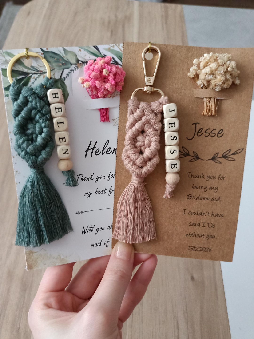 Macrame Name Keychain for Bridesmaids With Card and Flower, Custom ...
