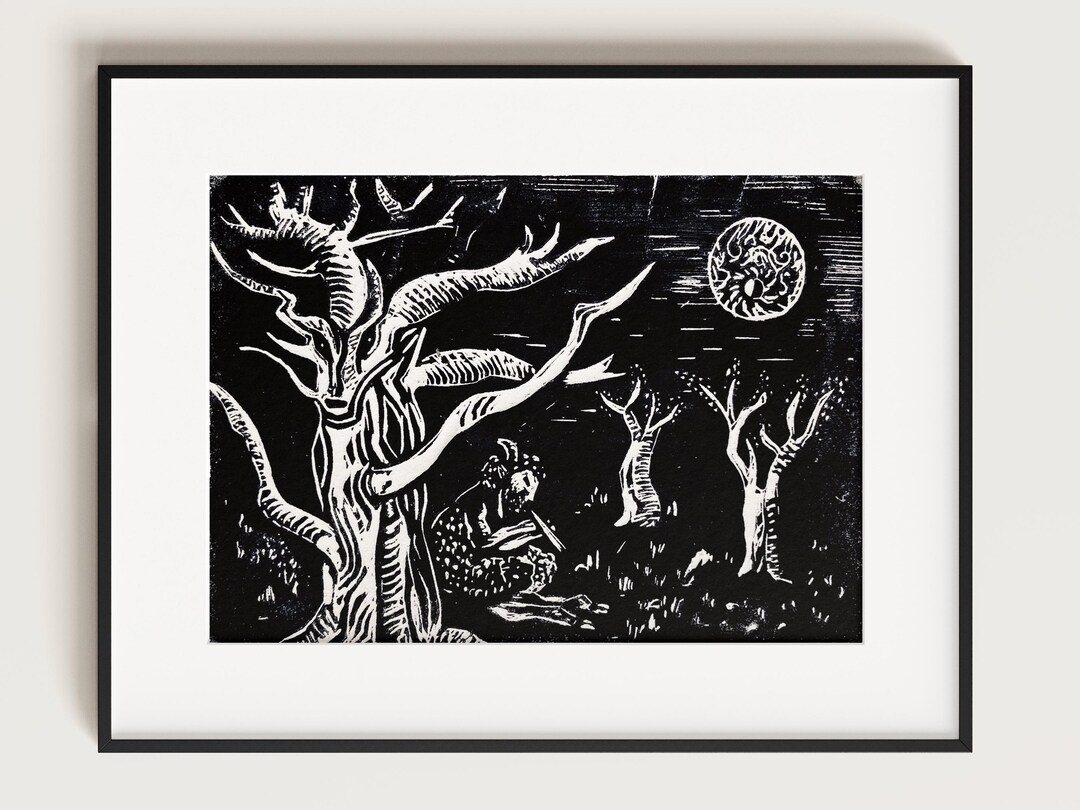 Great Greek God Pan, Woodcut Art Print, Mythology Pagan Art, Tree With ...