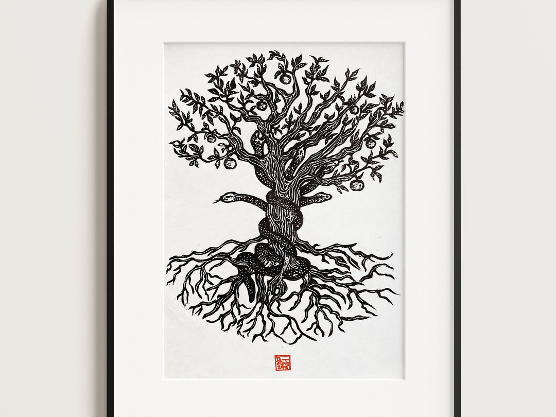 Tree of Life Woodcut Print, A4 Size, Sacred Apple Tree With Snake in ...