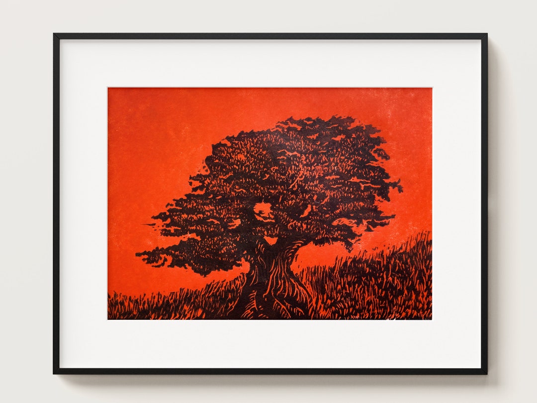 Big Cedar Tree A4 Size, Woodcut Art Print With Red Background, Lebanese ...