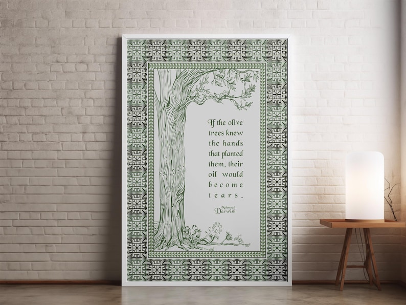 Mahmoud Darwish Quote Art Print in Sage Green | Palestine Olive Tree ...