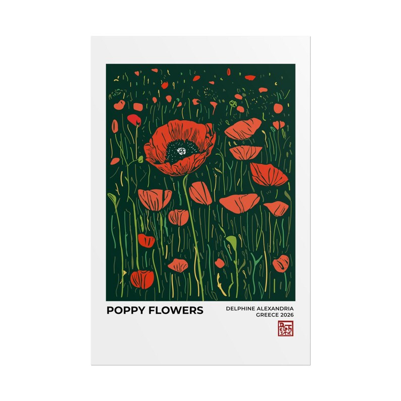 Poppy Flowers Poster | Botanical Art Print, Red and Green Field With ...