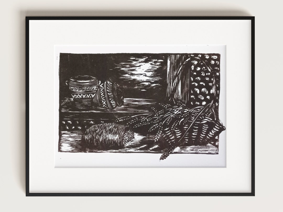 Original Engraving Print, Woodcut Still Life With Greek Bread and Wheat ...