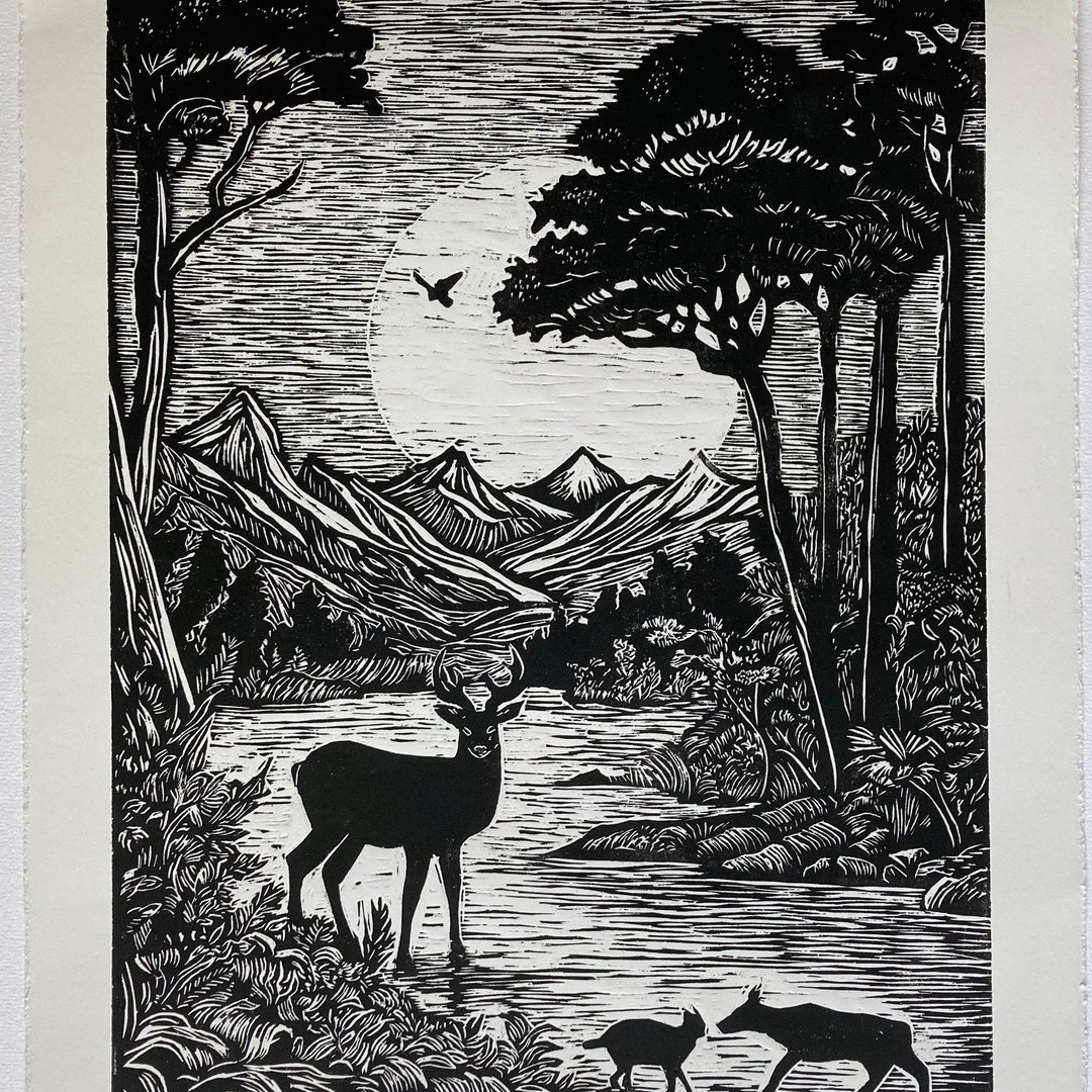 Magical Deer Landscape | Woodcut Art Print | Mountain Forest and ...