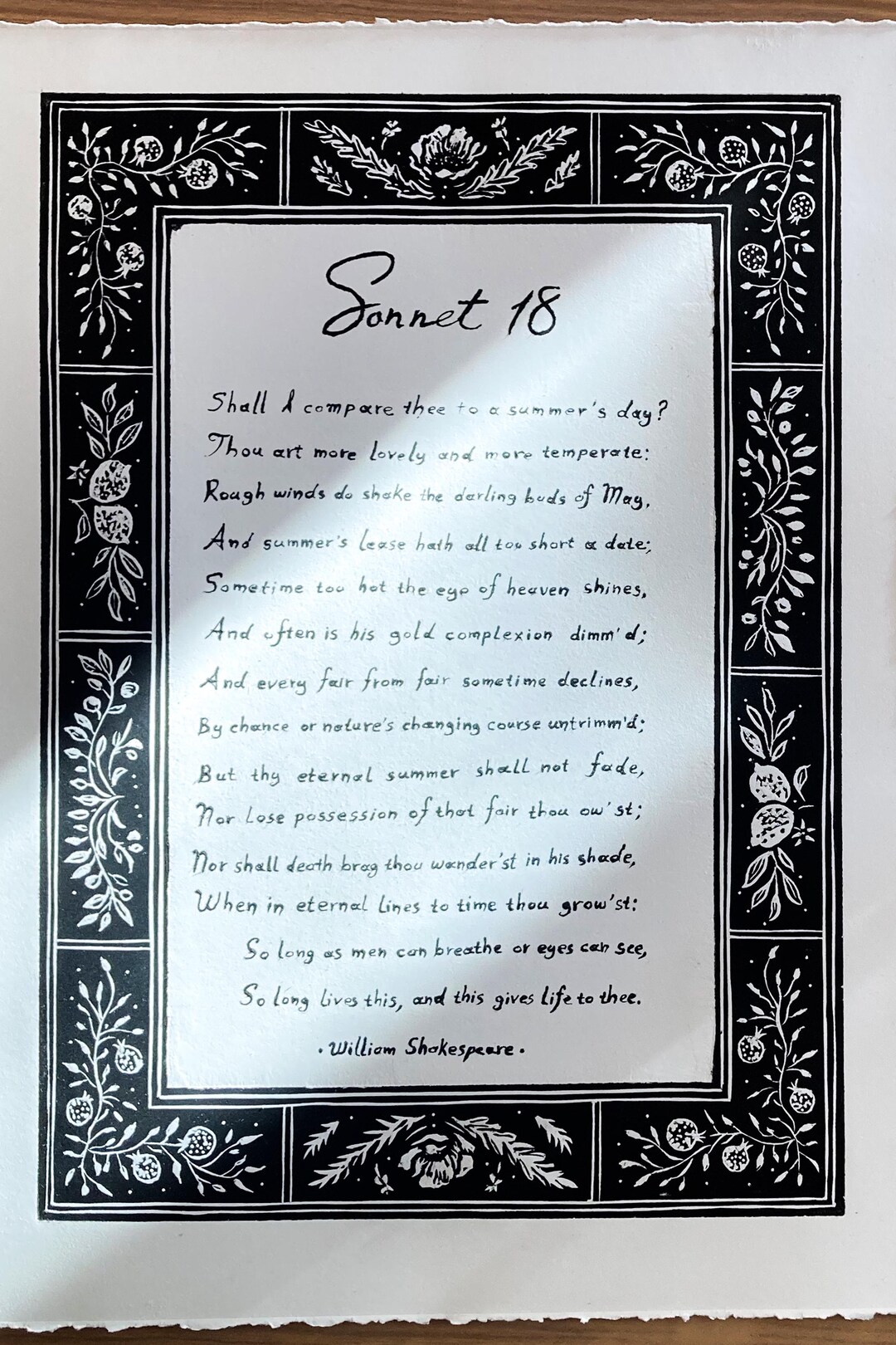 Shakespeare Handwritten Sonnet 18 Woodcut Print: Handmade Literary Art ...