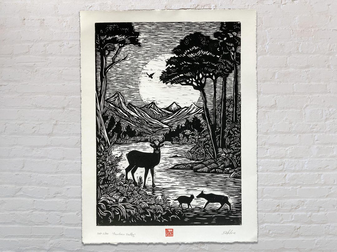 Handprinted Deer Woodcut: Moonlit Mountain Forest Art - Etsy