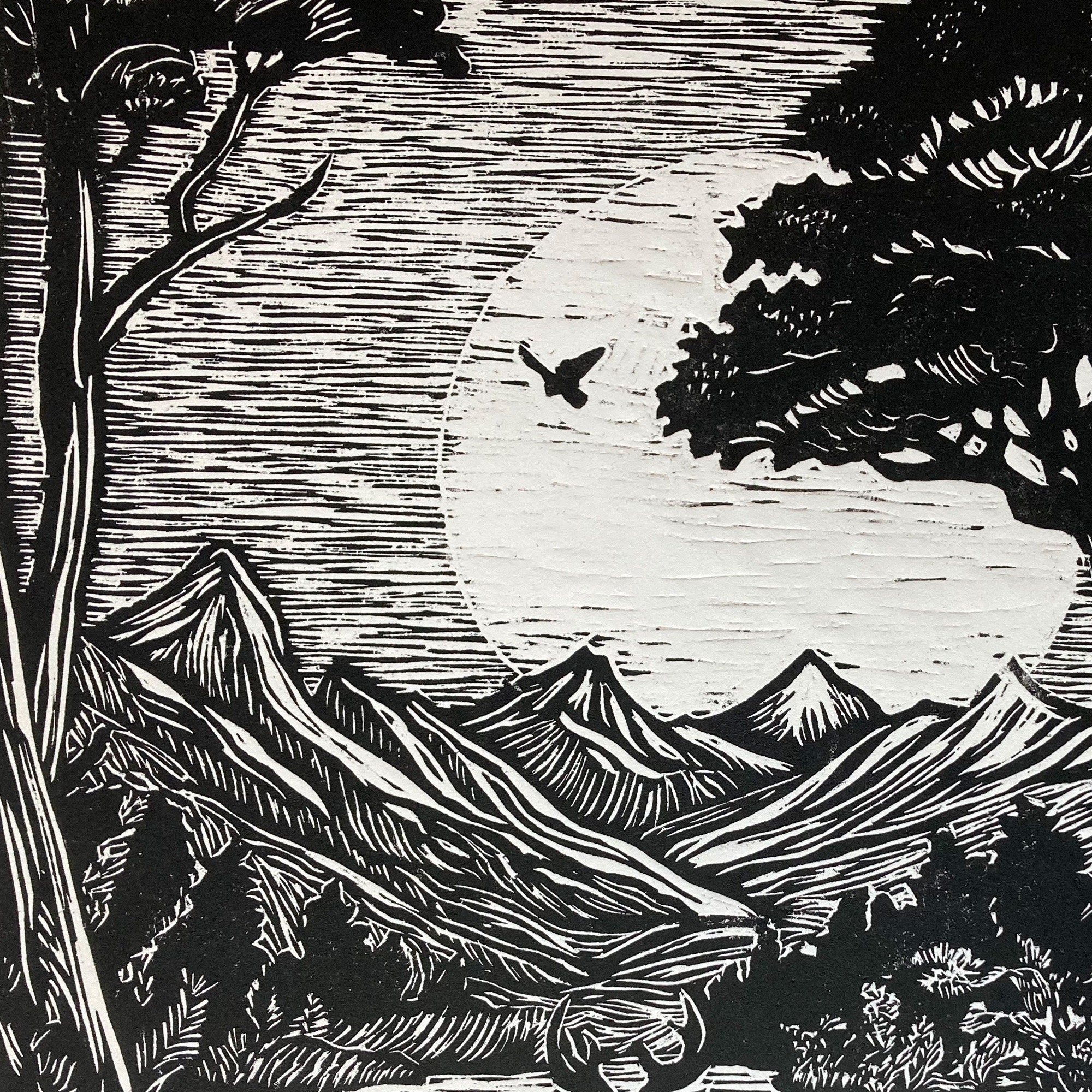 Woodcut Print Mountain Valley Original Art Nature Landscape With River ...