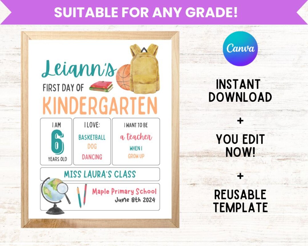 Editable First Day of School Kindergarten Sign, Personalized Printable ...