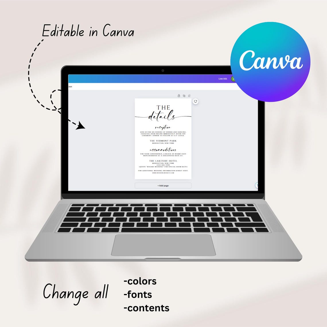 Minimalist Wedding Details Card Canva Template, Editable Wedding Invite ...