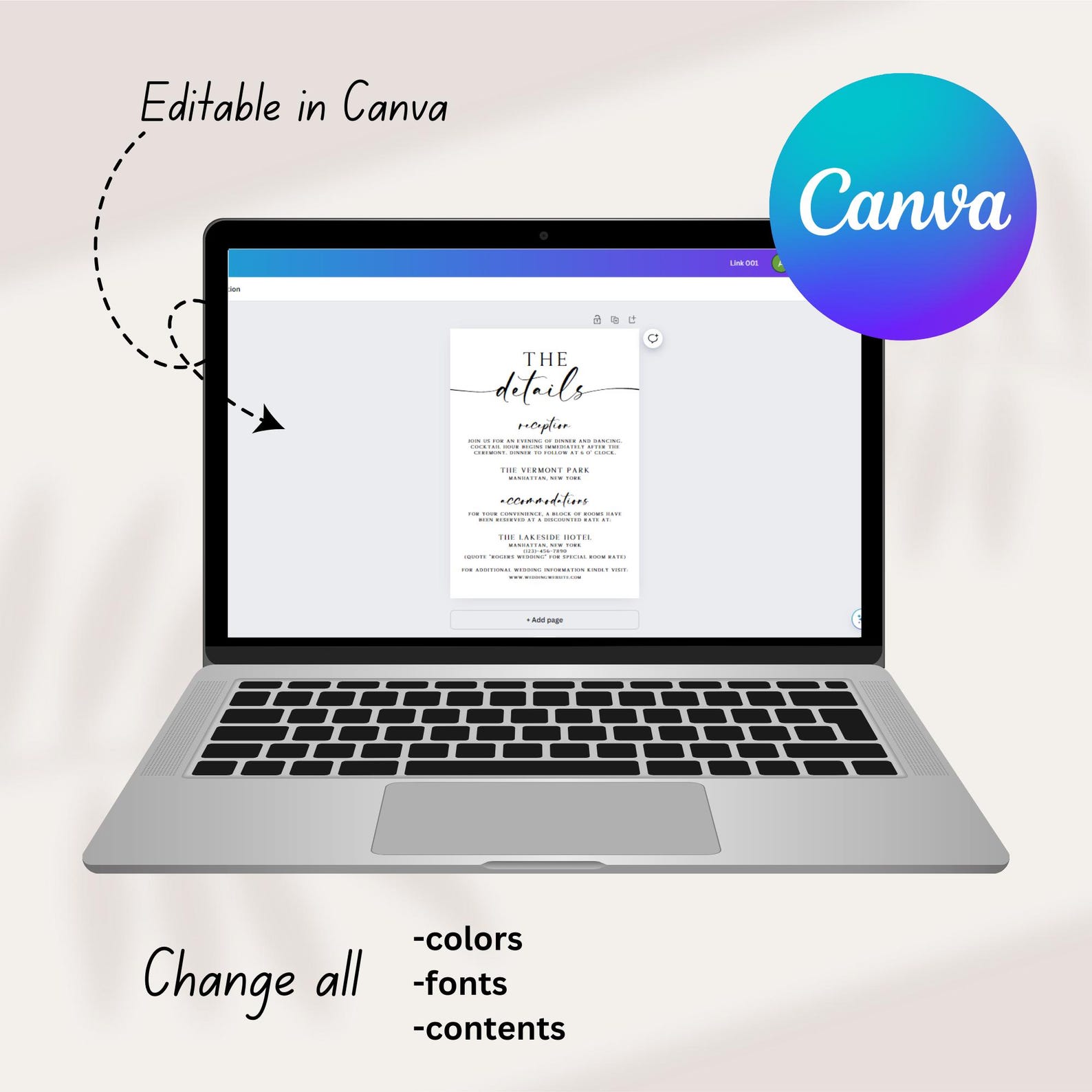 Minimalist Wedding Details Card Canva Template, Editable Wedding Invite ...