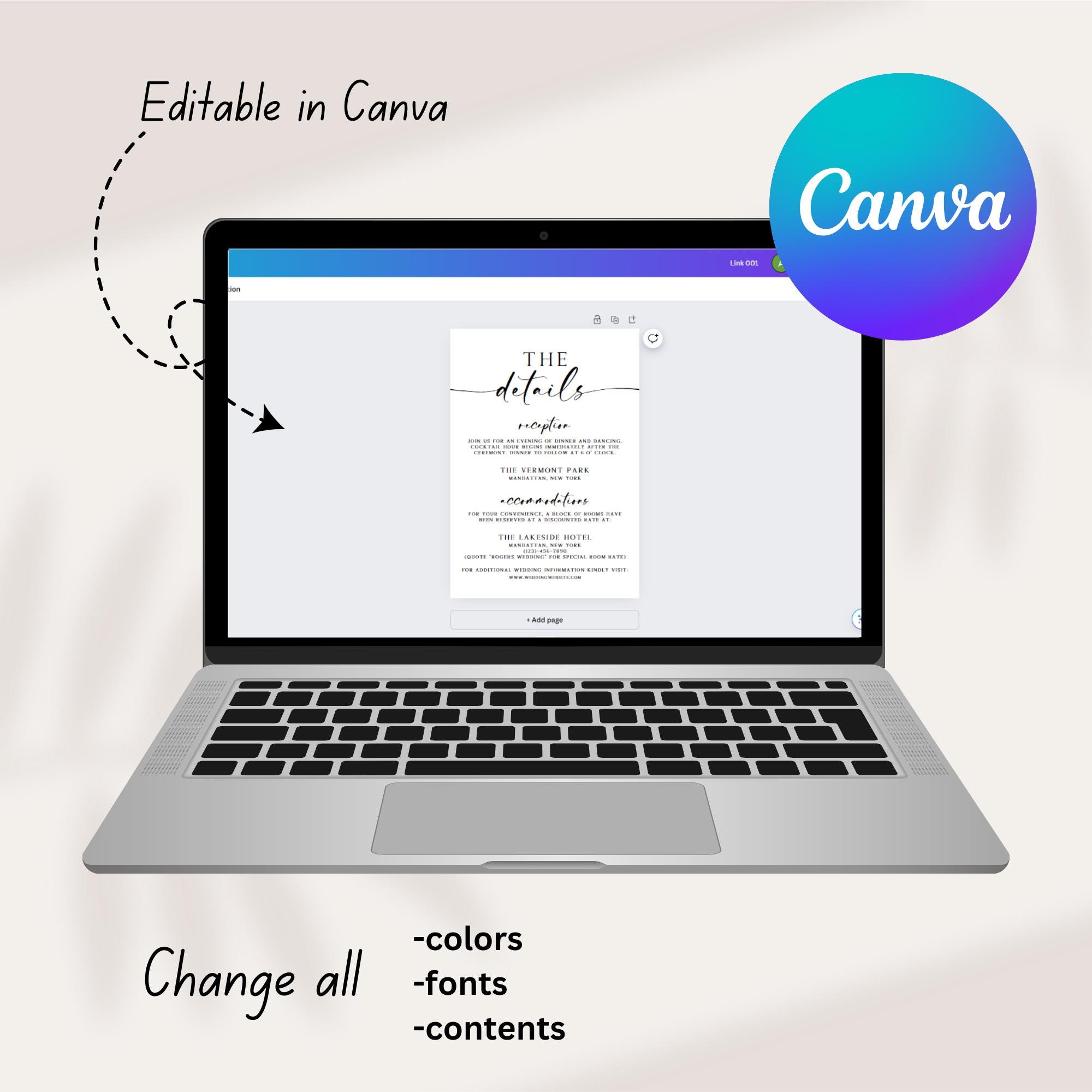 Minimalist Wedding Details Card Canva Template, Editable Wedding Invite ...