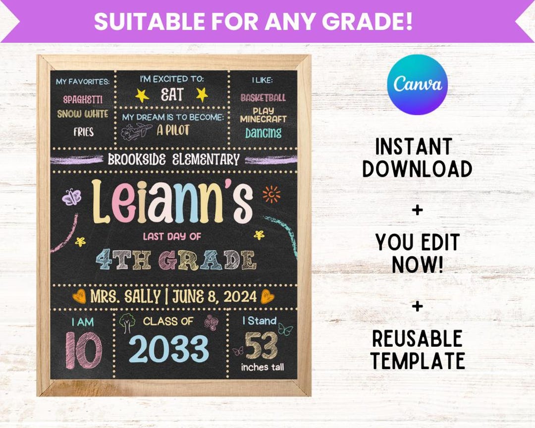 Editable First Day of School Fourth Grade Sign, Personalized Printable ...