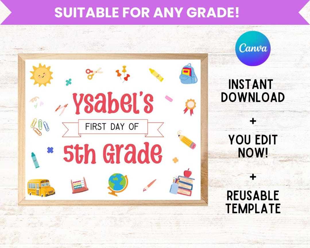 Personalized Editable First Day of Fifth Grade Sign for Kids, Printable ...