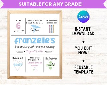 Editable First Day of School Kindergarten Sign, Personalized Printable ...