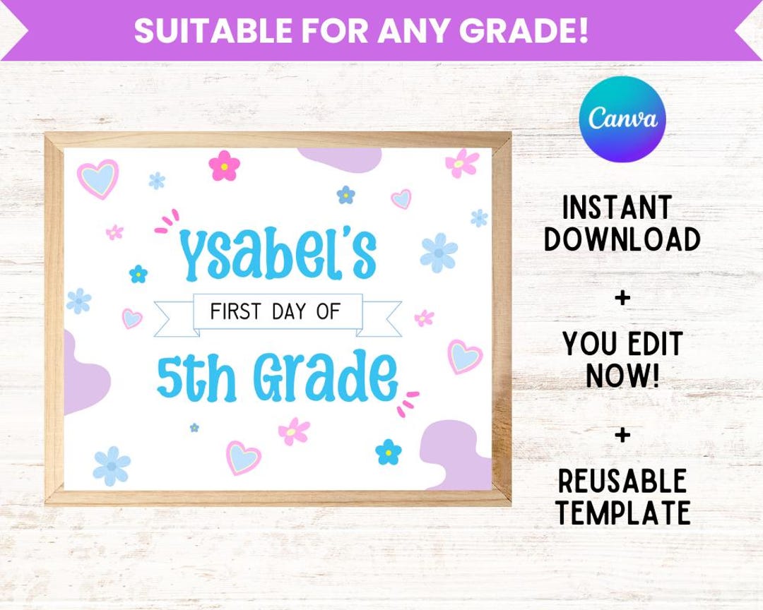 Editable First Day of Fifth Grade Sign for Kids, Personalized Printable ...