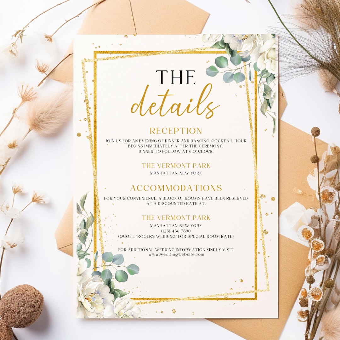 Sage Green Gold Wedding Details Card Canva Template, Editable Wedding ...