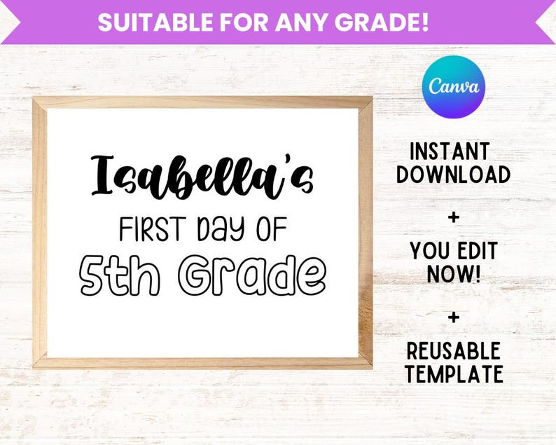 Editable First Day of Fifth Grade Sign for Kids, Personalized Printable ...