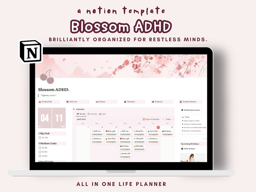 ADHD Notion Template: Cherry Blossom Life Planner (digital Download) - Etsy