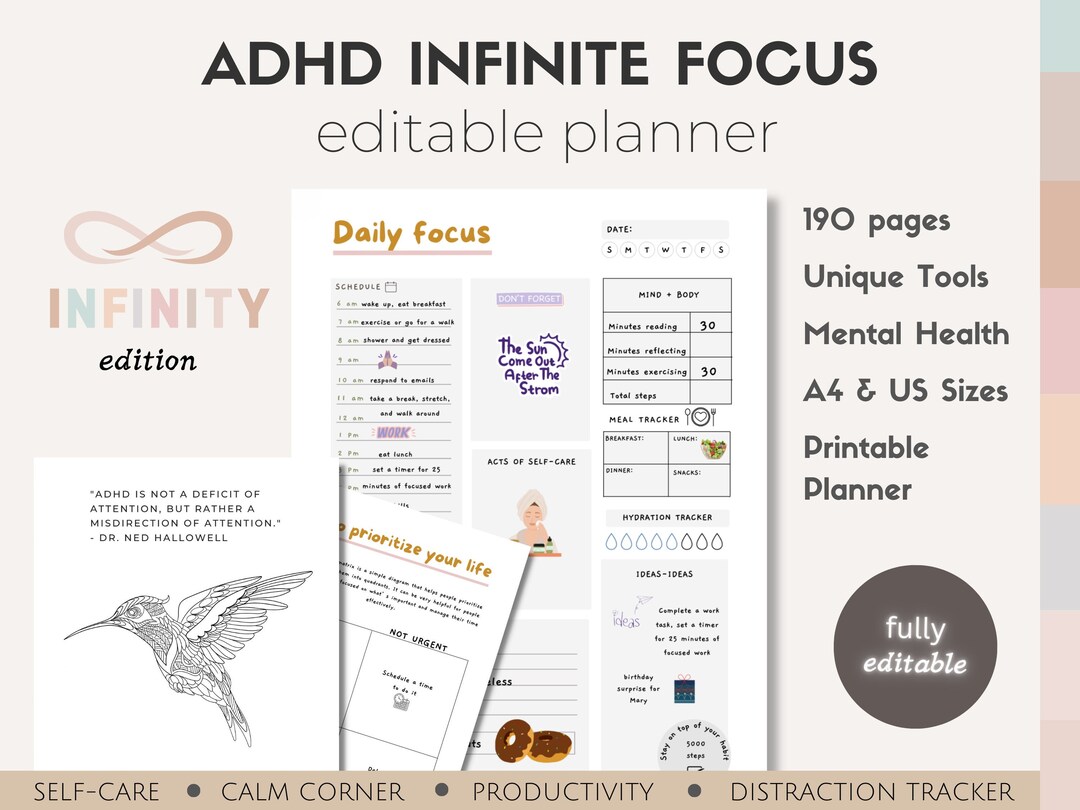 Editable ADHD Planner: Adult Daily Journal, Self-care & Mental Health ...