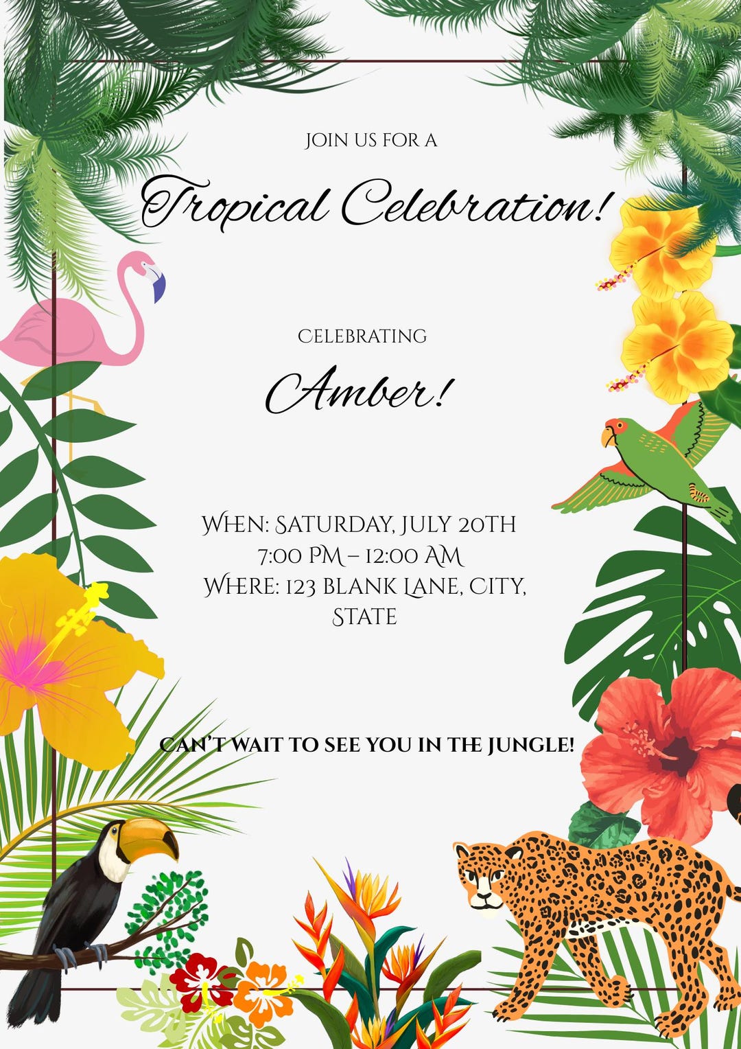 Tropical Jungle Party Invitation: Editable Canva Template (digital ...
