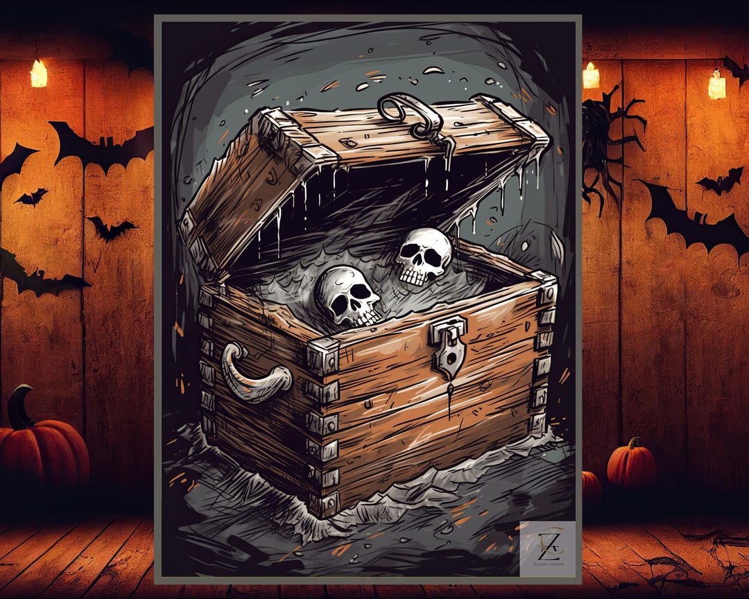 Spooky Treasure Chest With Skulls - Halloween Wall Art, Creepy Rustic ...