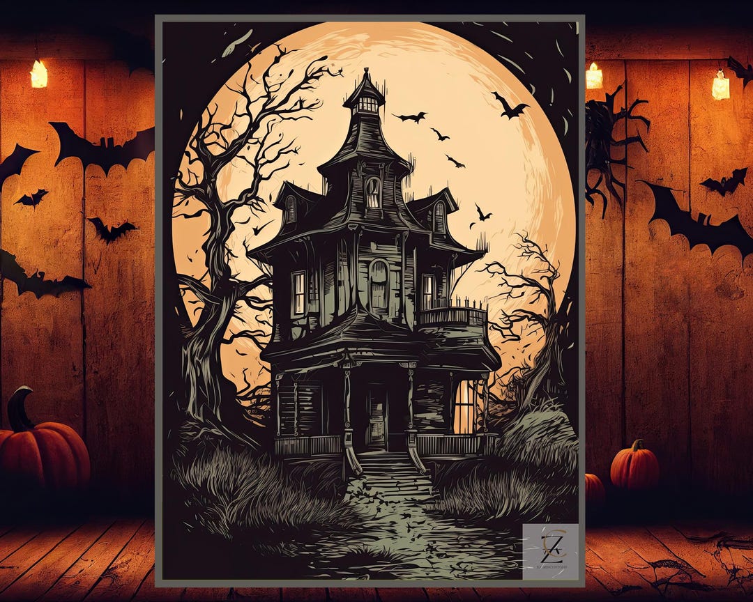 Spooky Haunted House Printable - Vintage Halloween Decor, Silhouette ...