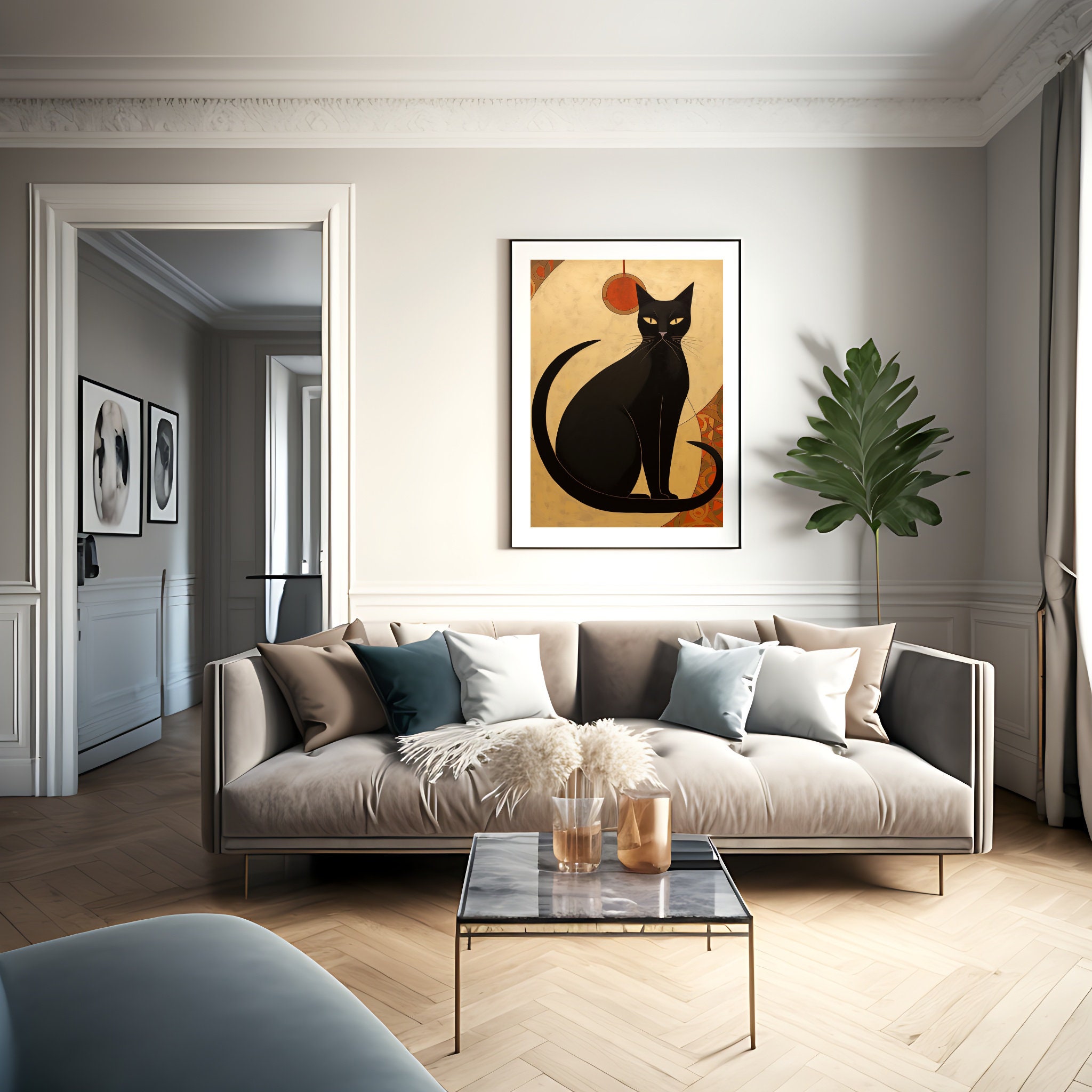 BOHO ART CAT, Abstract Black Cat Wall Art,abstract Boho Artwork, Boho ...