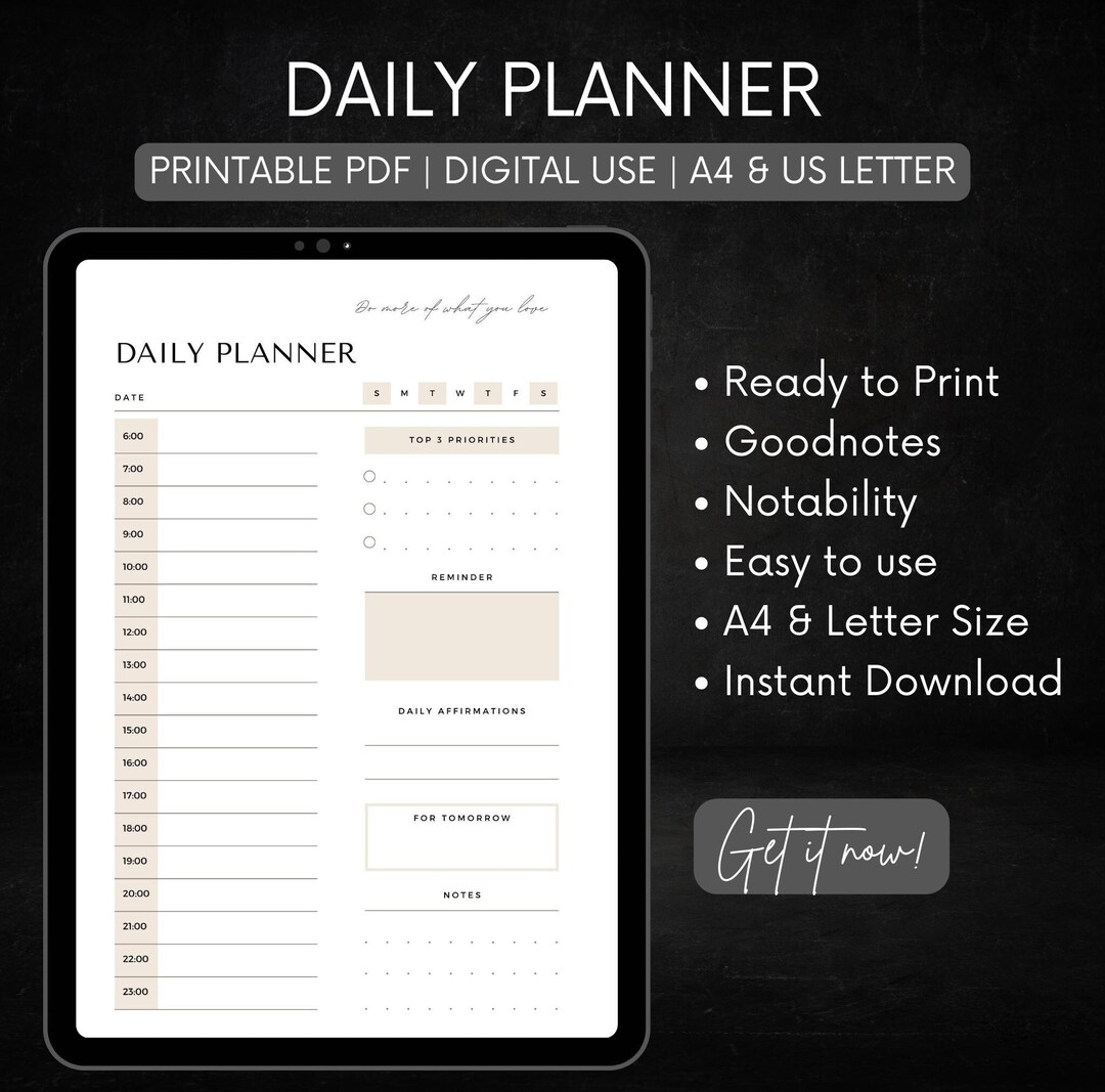 Digital 24 Hours Daily Printable Planner, Priority Planner, Instant ...