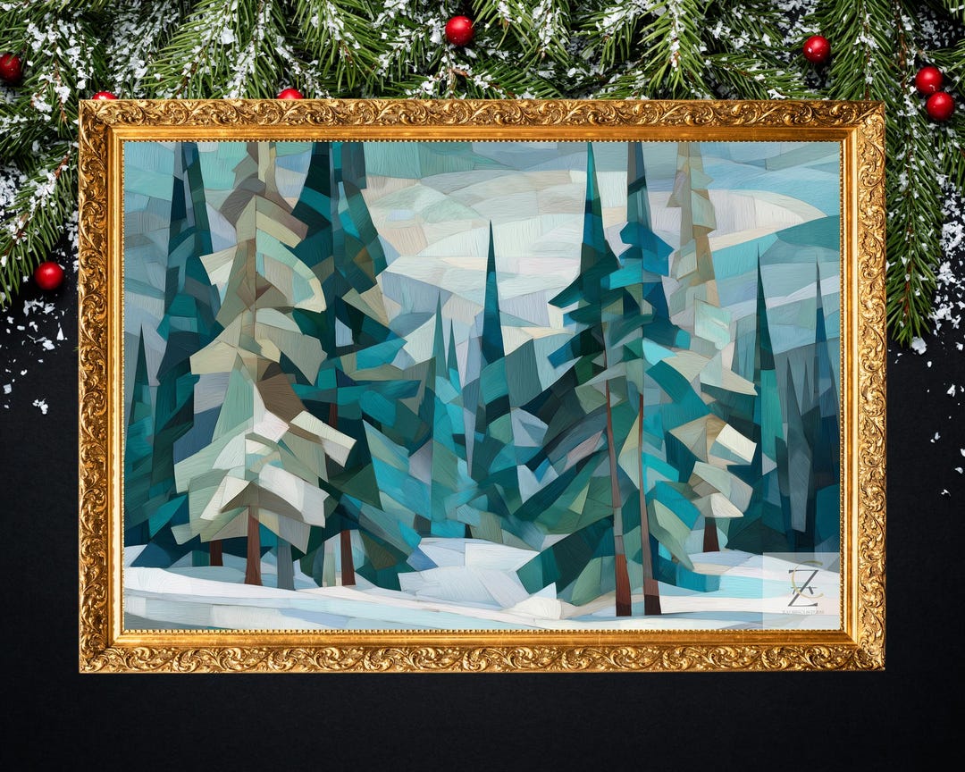 Cubist Winter Forest Printable - Snowy Evergreen Trees, Modern ...