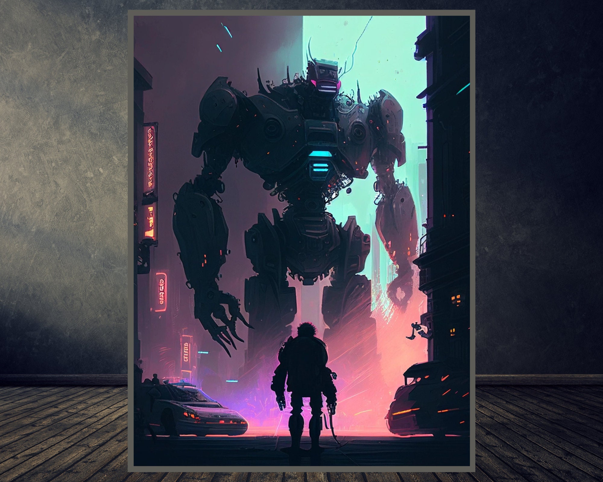 Gaint Robot Poster Sci-fi Canvas Print Gaint Robot Print neon City ...