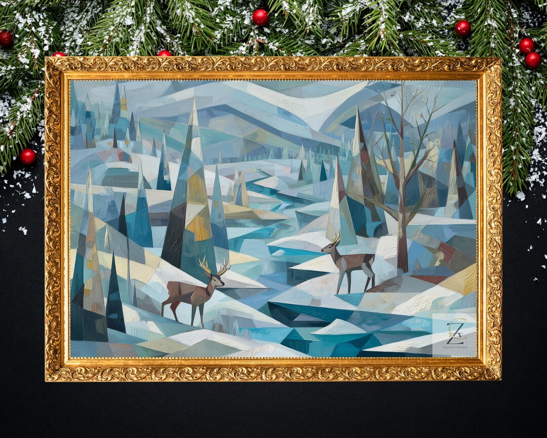 Winter Deer at Icy Stream - Cubist Landscape Art, Modern Geometric ...