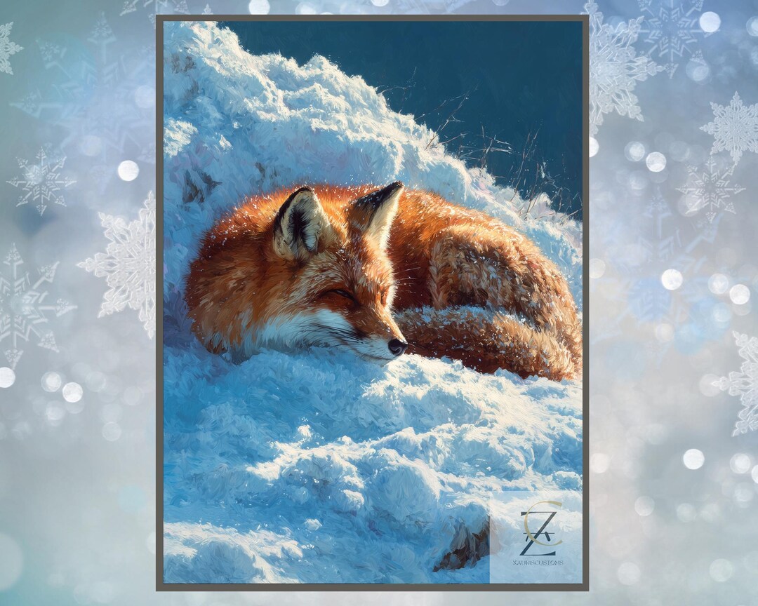Rustic Printable Fox Sleeping on Snowy Hill - Cozy Winter Scene Art ...