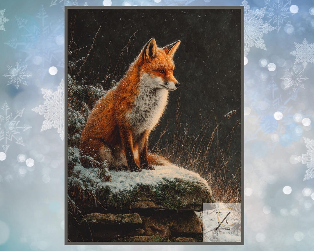 Rustic Red Fox on Mossy Stone - Moody Woodland Printable Art, Realistic ...