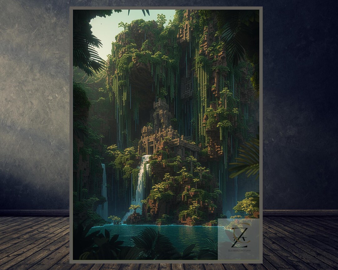 Printable Gaming Jungle Ruins Art Overgrown Temple With Waterfalls ...
