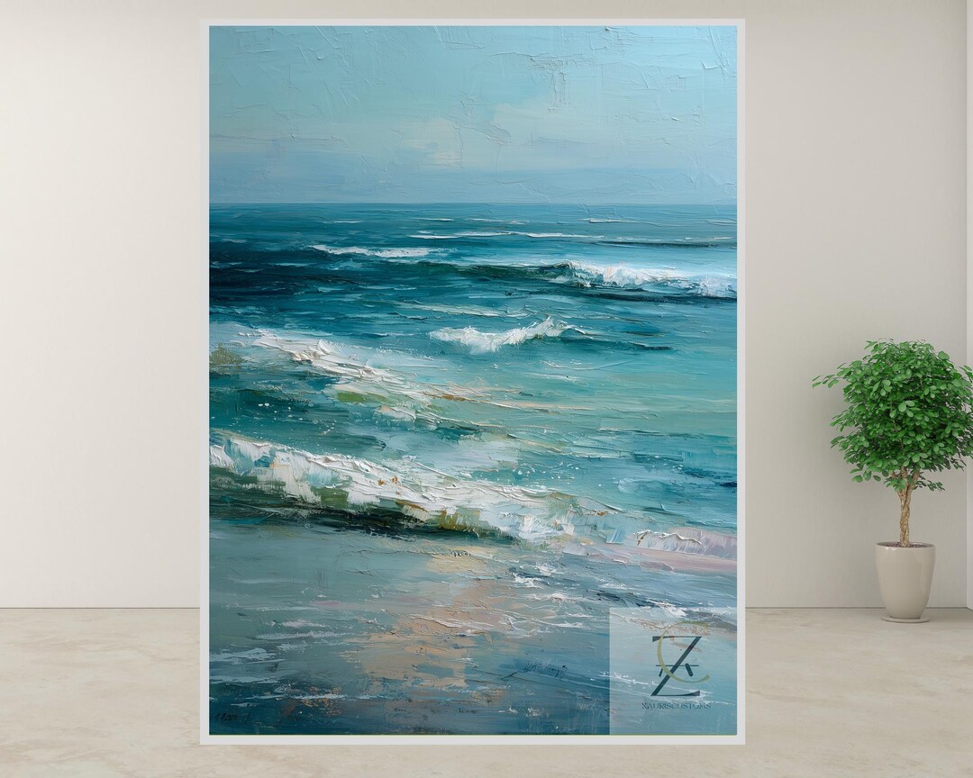 Abstract Ocean Waves Printable Art - Moody Coastal Beach Seascape, Blue ...