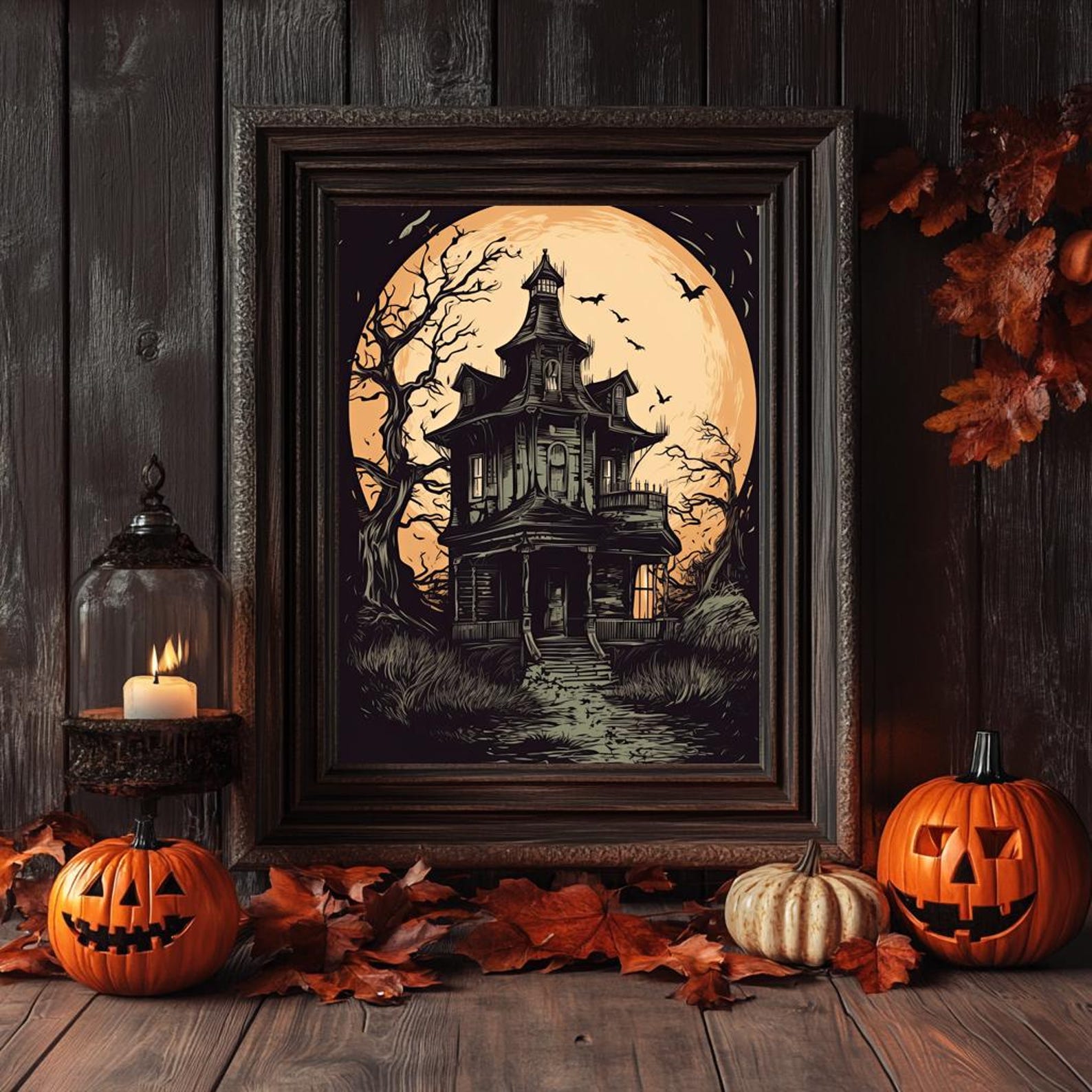 Spooky Haunted House Printable - Vintage Halloween Decor, Silhouette ...