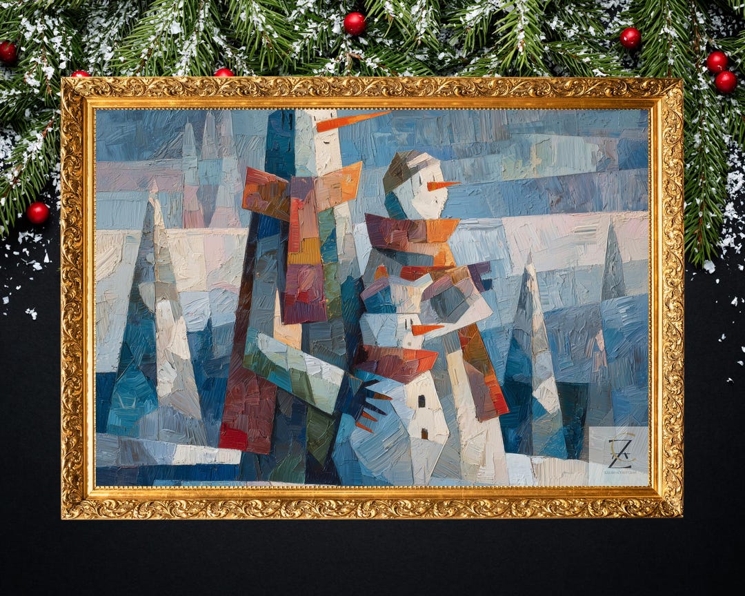 Abstract Cubist Winter Family Painting - Modern Geometric Art With ...