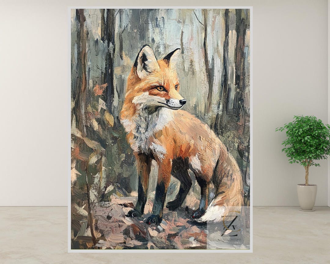 Vintage Fox in Forest Painting - Printable Woodland Animal Art, Rustic ...